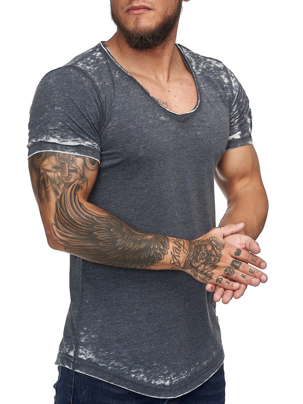 Washed Rugged Big V-neck T-Shirt - Asphalt Gray X0013A - FASH STOP